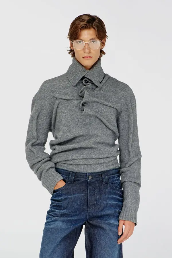 DIESEL® Button-neck Jumper In Wrinkled Boiled Knit - Grey
