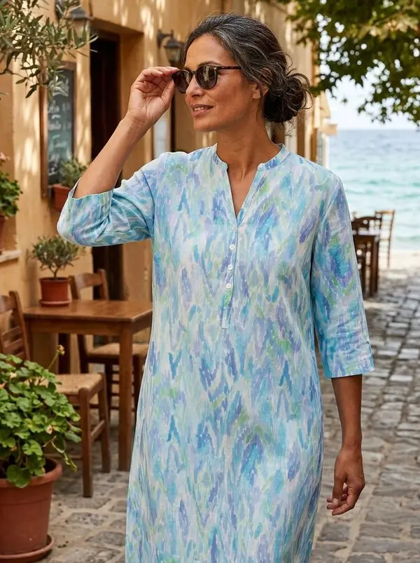 NOLOGO-CHIC Seaside Ikat Linen Tunic Dress Aqua