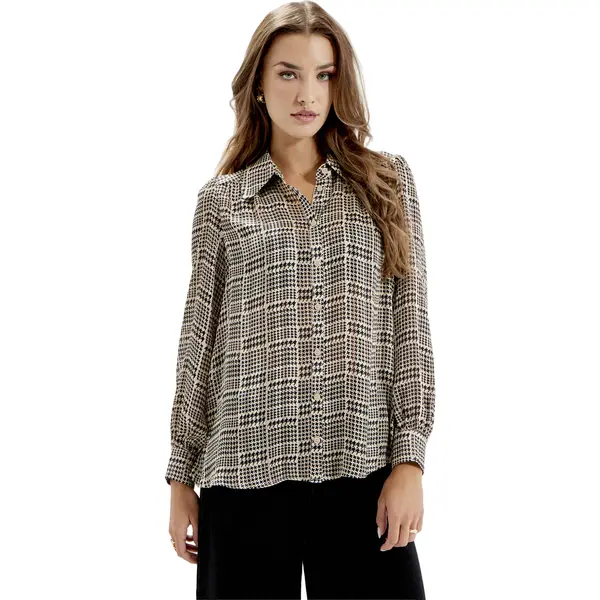 FINERY LONDON Melina Printed Chiffon Blouse - Beige Houndstooth