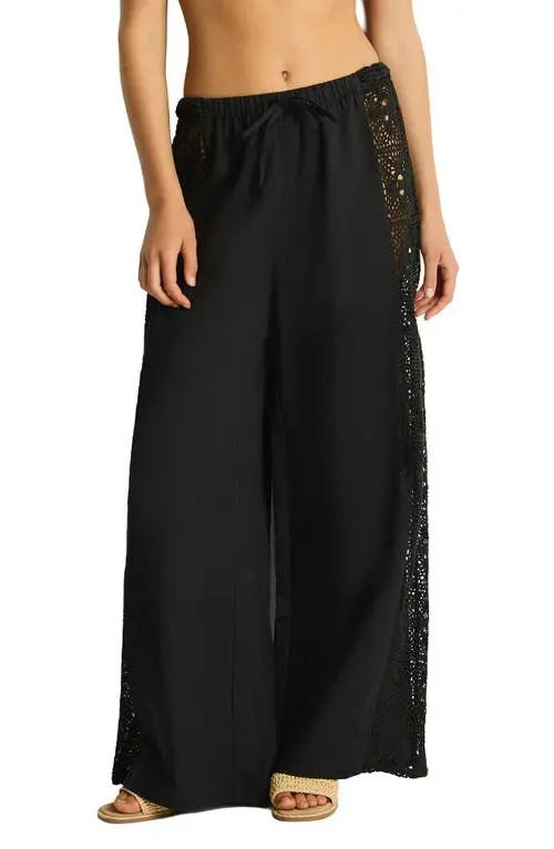 SEA LEVEL Lace Panel High Waist Wide Leg Beach Pants - Black