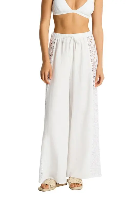 SEA LEVEL Lace Panel High Waist Wide Leg Beach Pants - White