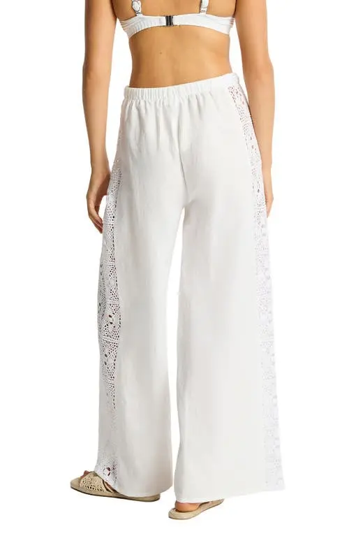 SEA LEVEL Lace Panel High Waist Wide Leg Beach Pants - White