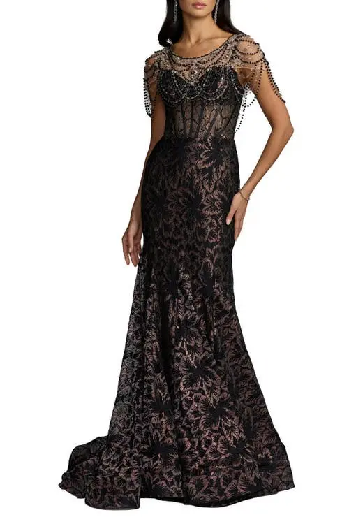 Mac Duggal Lace Corset Gown With Draped Beading