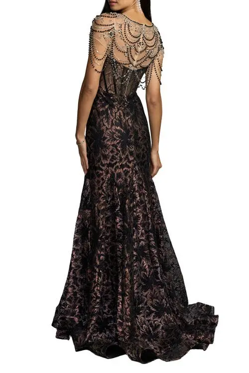 Mac Duggal Lace Corset Gown With Draped Beading