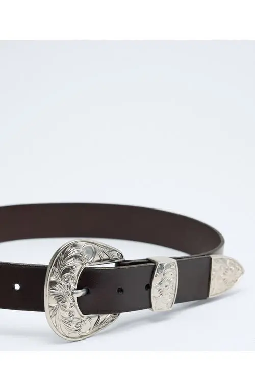 Mango Engraved Buckle Leather Belt