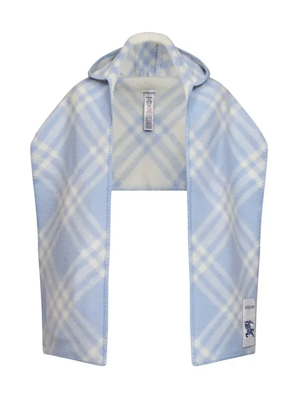 Burberry Light Blue Checked Wool Hooded Scarf - Multicolor