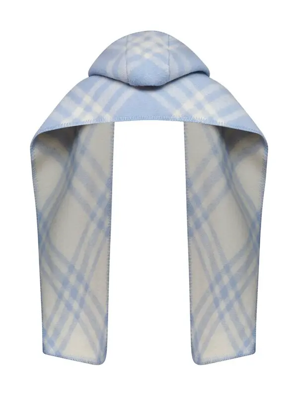 Burberry Light Blue Checked Wool Hooded Scarf - Multicolor