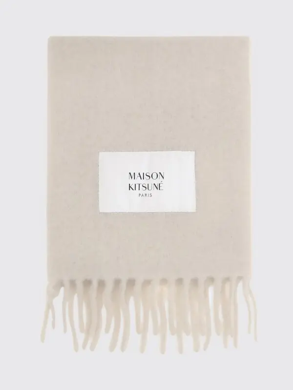 Maison Kitsuné Wool Scarf With Logo Patch And Fringed Trim - Beige
