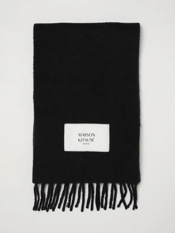 Maison Kitsuné Wool Scarf With Logo Patch And Fringed Trim - Black