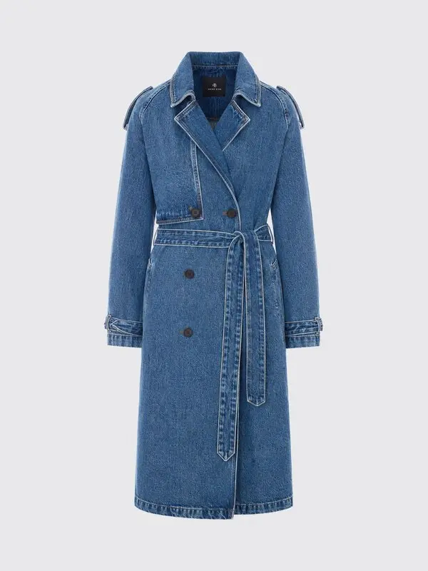 ANINE BING Long Double-breasted Trench Coat In Cotton Denim With A Waist Belt