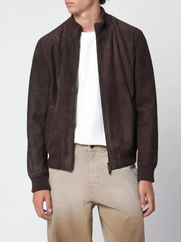 SALVATORE SANTORO Suede Leather Bomber Jacket With High Neck And Zip Closure