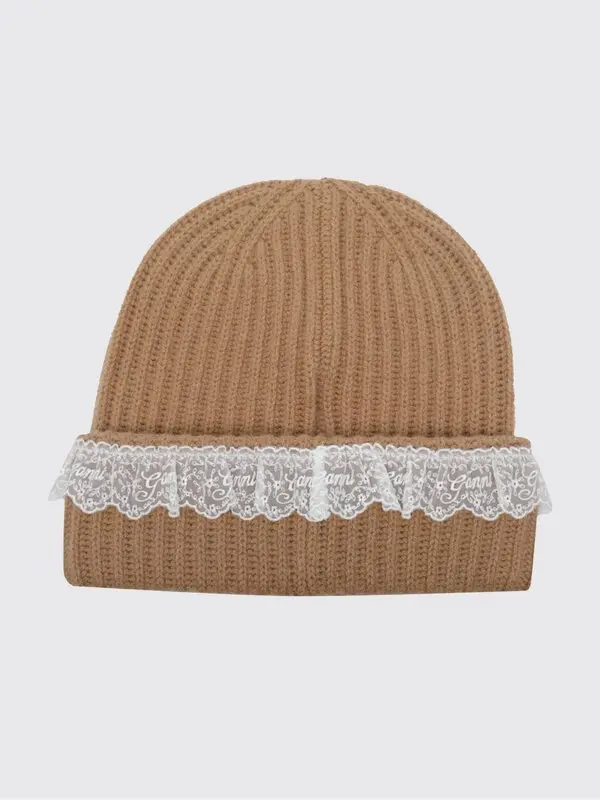 GANNI Cuffed Beanie In Wool And Yak Blend With Embroidery - Beige