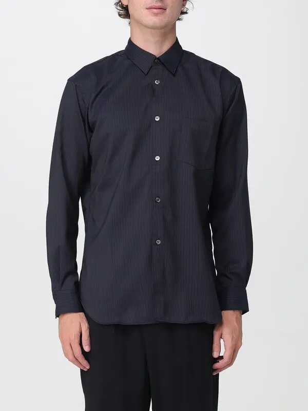 Comme Des Garçons Slim Fit Pinstriped Wool Blend Shirt With Patch Pocket - Blue