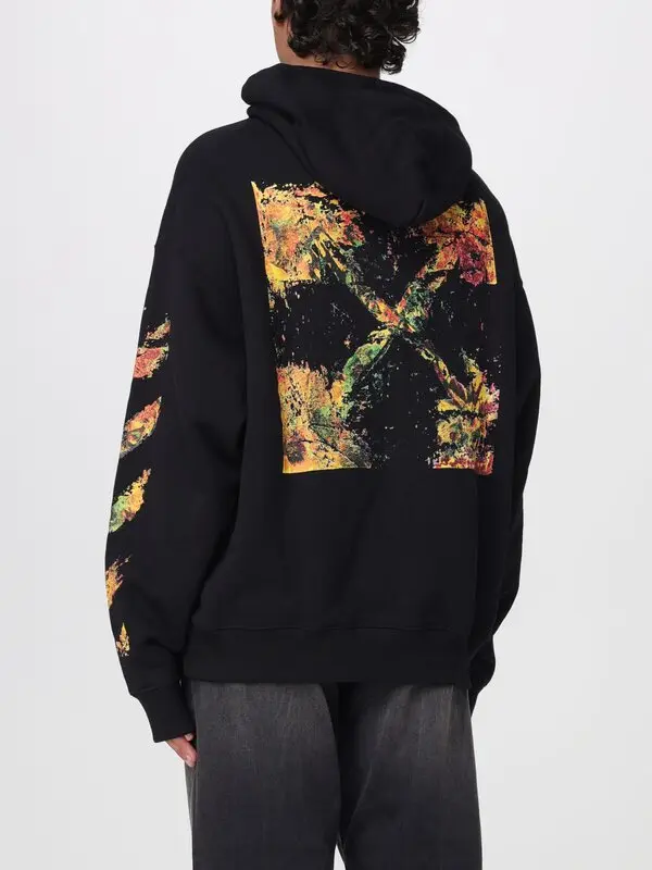 Off-White Relaxed Fit Cotton Hoodie With Arrow Logo And Diagonal Prints