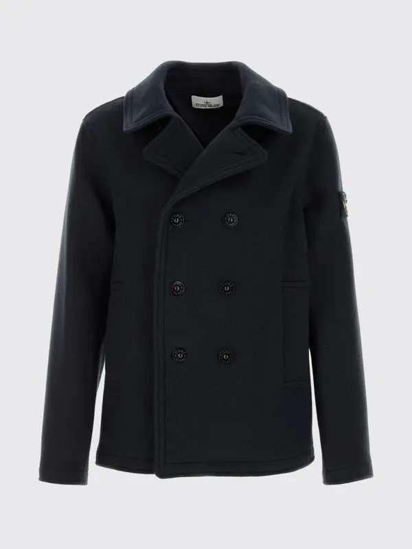 Stone Island Double-breasted Wool Peacoat With Compass Logo Patch