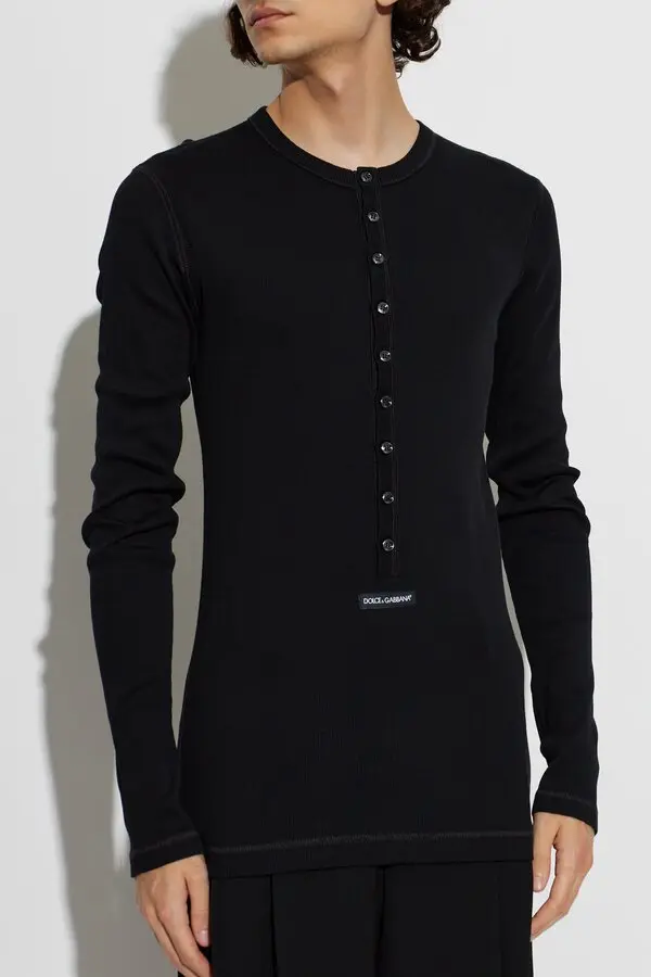 Dolce & Gabbana Ribbed Cotton Crew Neck Top With Long Sleeves By