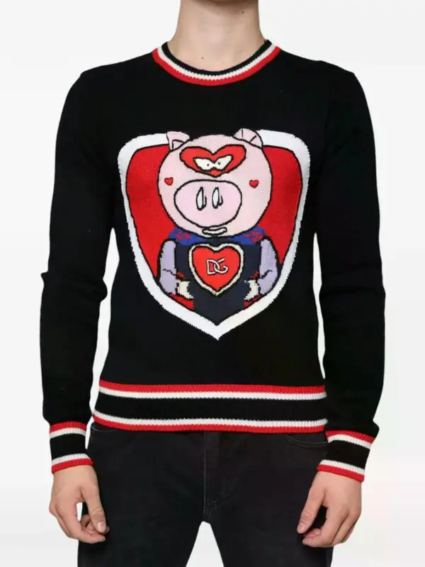 Dolce & Gabbana Piglet-appliqué Merino Wool Sweater - Black
