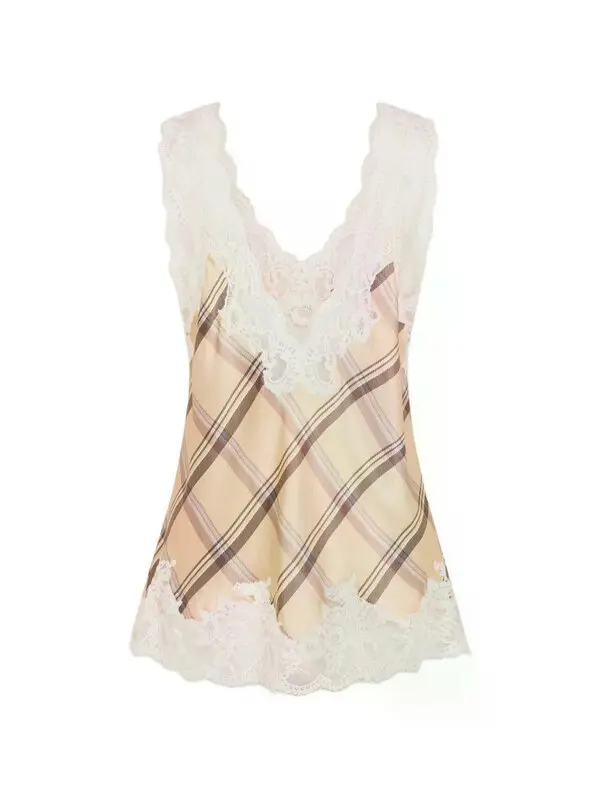 Rabanne Beige Tartan Print Silk Tank Top With Lace Detailing - Neutrals
