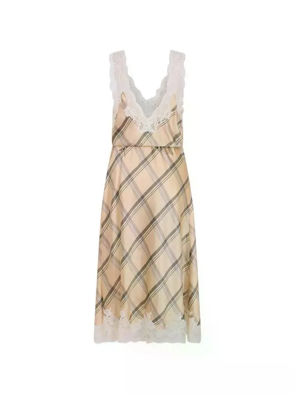 Rabanne Midi Dress In Beige Tartan Print Silk Satin With Lace Detailing - Neutrals