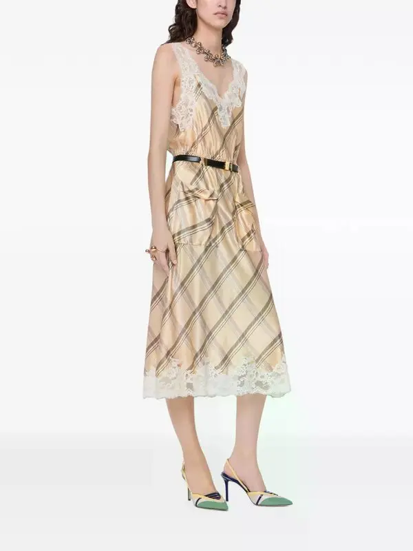 Rabanne Midi Dress In Beige Tartan Print Silk Satin With Lace Detailing - Neutrals