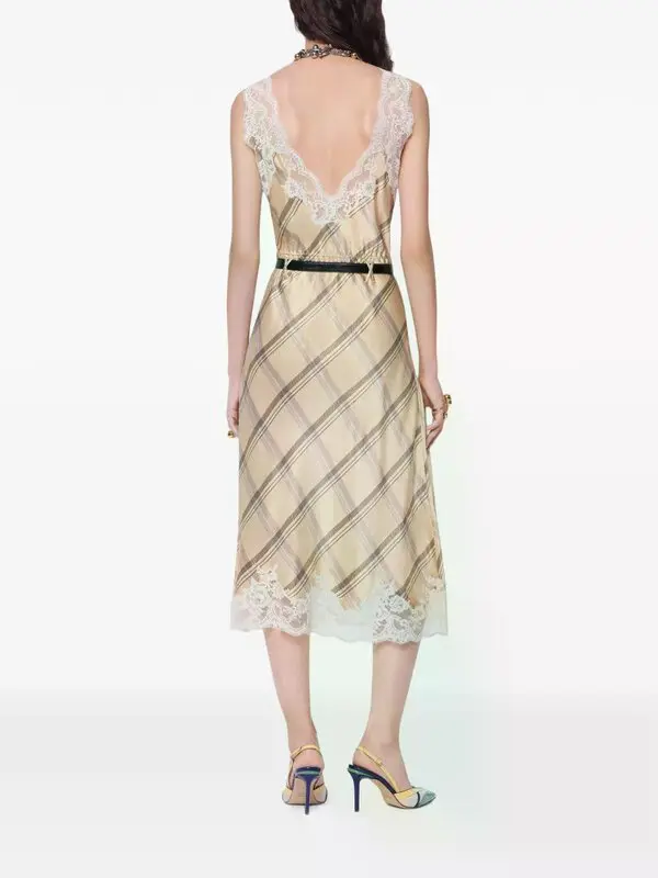 Rabanne Midi Dress In Beige Tartan Print Silk Satin With Lace Detailing - Neutrals