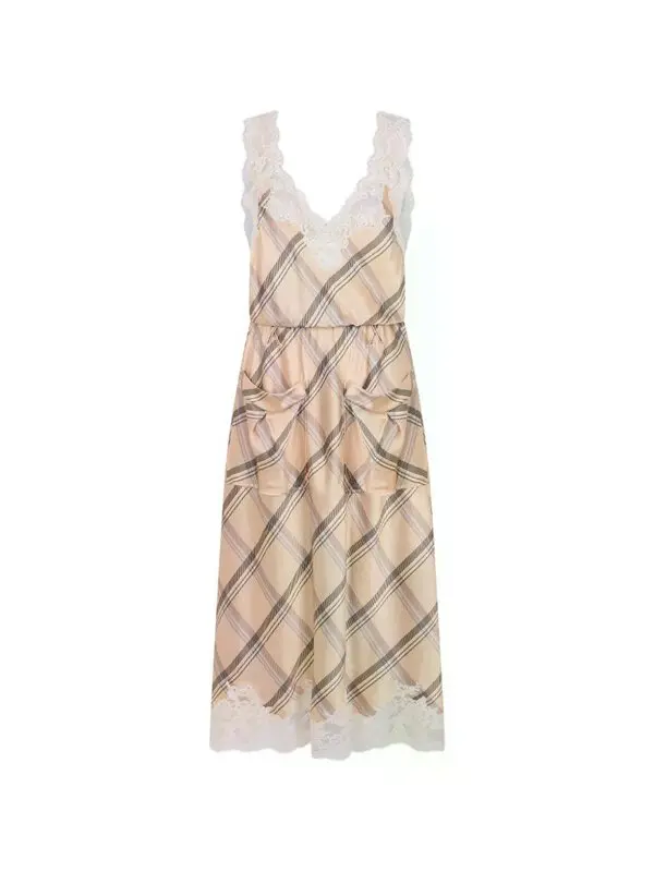 Rabanne Midi Dress In Beige Tartan Print Silk Satin With Lace Detailing - Neutrals