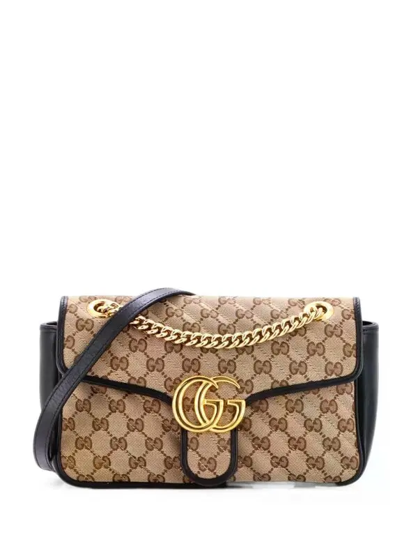 Gucci Gg Marmont Flap Bag Diagonal Quilted Gg Canvas With Leather Small Shoulder Bag - Black