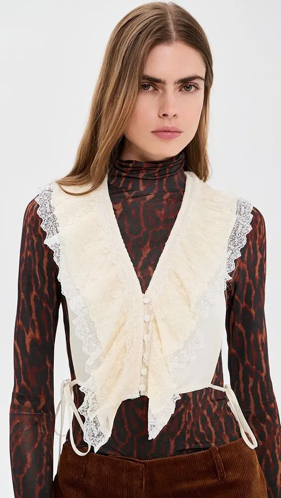 GANNI Fluid Satin Ruffle Lace Collar - Egret