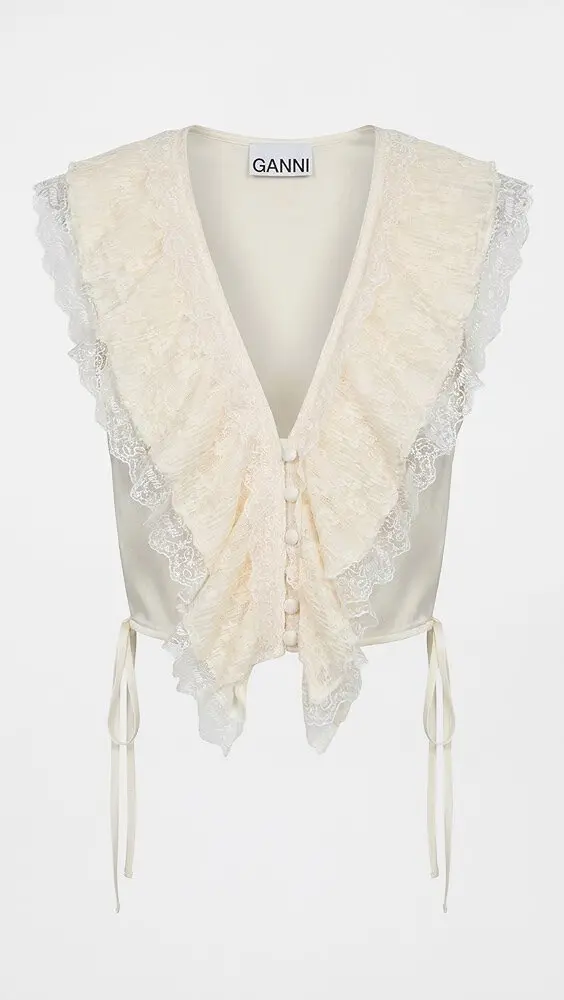GANNI Fluid Satin Ruffle Lace Collar