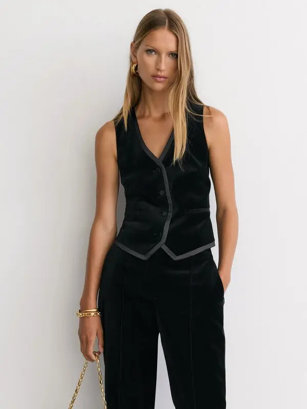 REISS Wren Velvet Satin-trim Tailored Waistcoat - Black