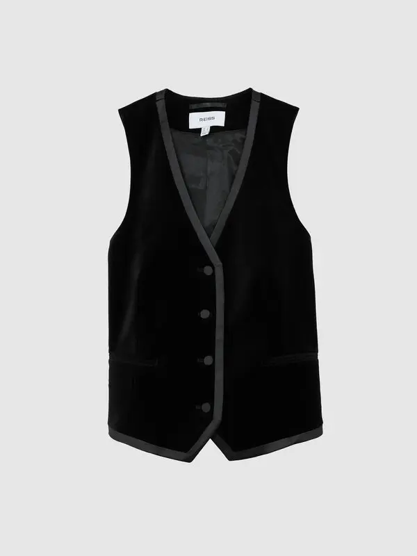 REISS Wren Velvet Satin-trim Tailored Waistcoat - Black