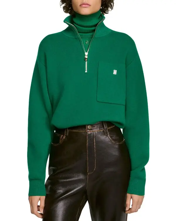 Sandro Mathea Wool Blend Half Zip Sweater - Green