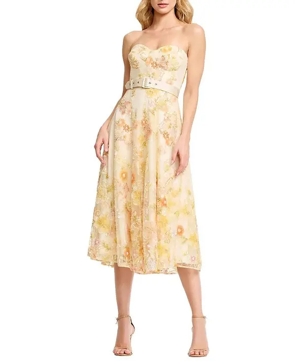 Dress The Population Mabel Sweetheart Bustier Belted Tea Dress - Ivory Multi