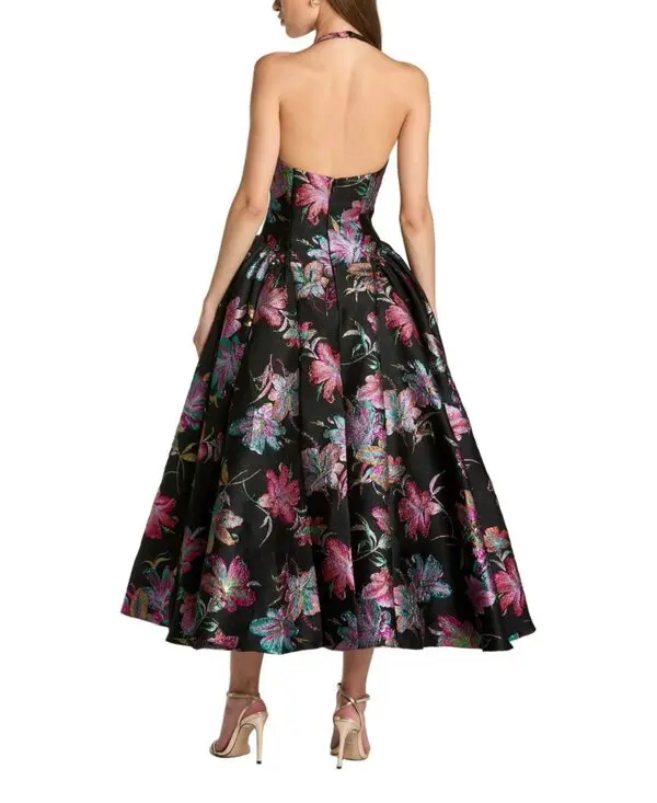 Mac Duggal Floral Brocade Halter Neck Open Back Midi Dress