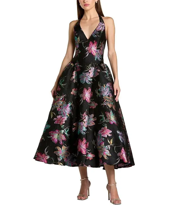 Mac Duggal Floral Brocade Halter Neck Open Back Midi Dress - Black Multi