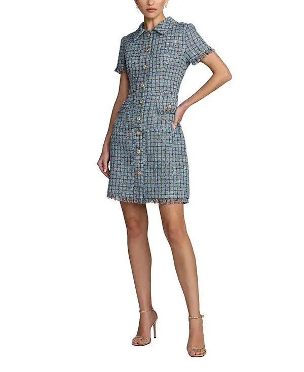 Mac Duggal Collared Tweed Mini Dress With Fringe Trim - Blue Multi