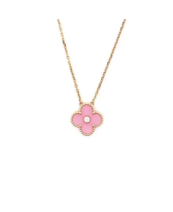 VAN CLEEF & ARPELS Vintage Alhambra Pendant Necklace 18k Rose Gold And Sevres Porcelain With Diamond, 16.5 - Pink