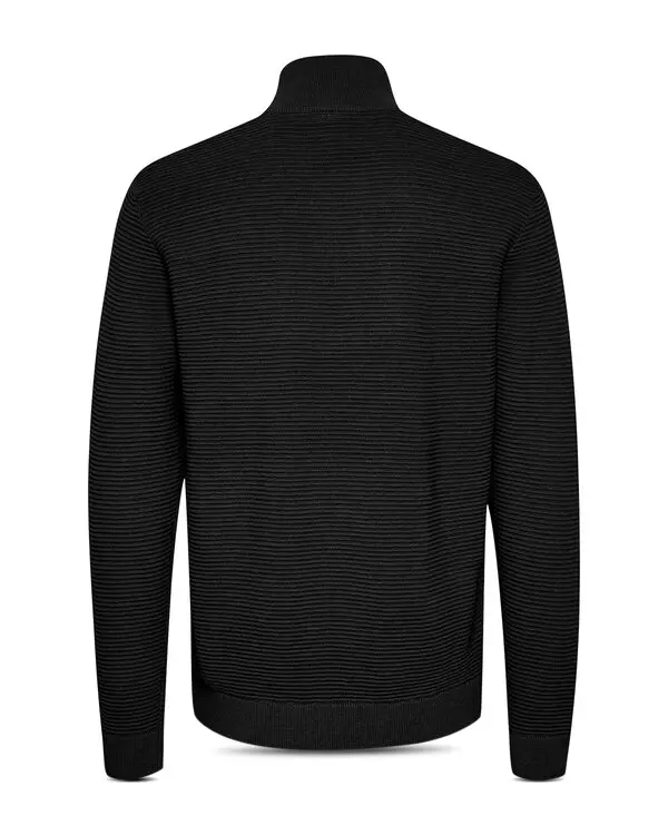 SOLID Cotton Ribbed Quarter Zip Stand Collar Sweater - Black