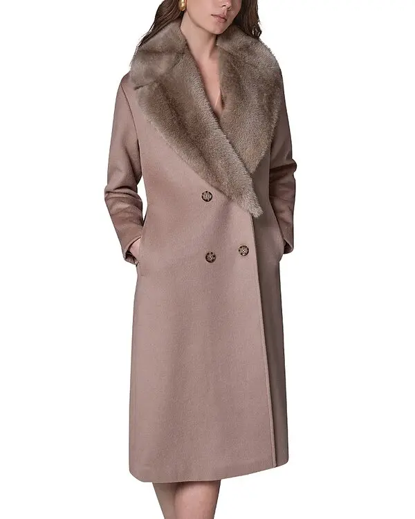Dkny Faux Fur Collar Double Breasted Coat - Camel