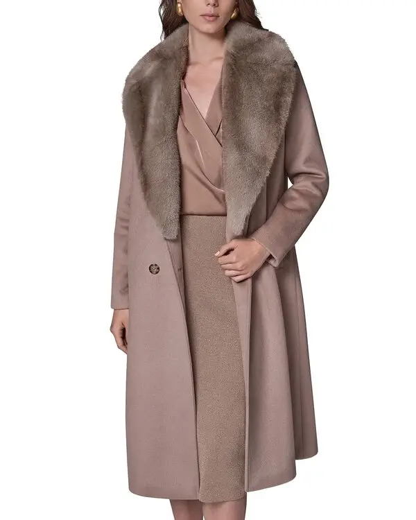 Dkny Faux Fur Collar Double Breasted Coat