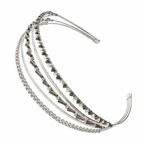 RARE MATTERS JEWELRY Sculptural Five Row Hammered Wire Headband Pearl Bronze Beaded Statement Hairband - Silver