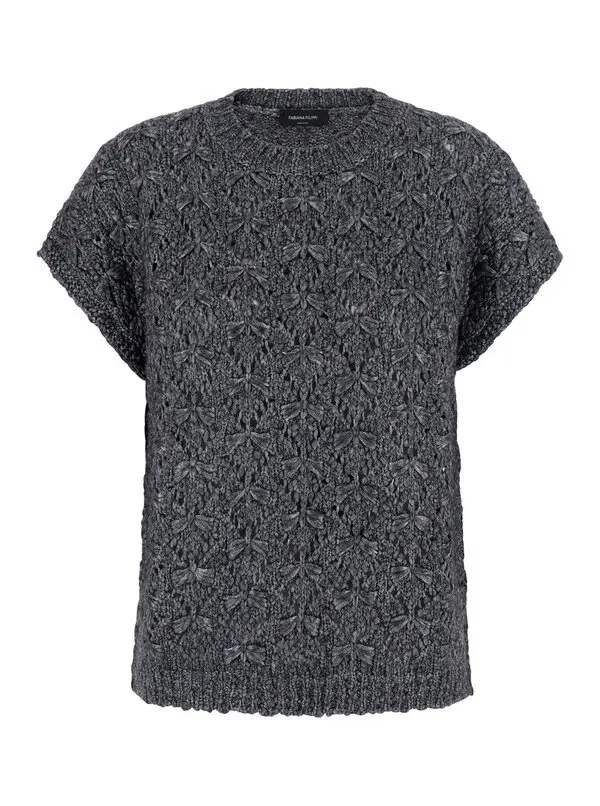 Fabiana Filippi Round-neck Wool-blend T-shirt With Braided Work And Straight Hem - Grey