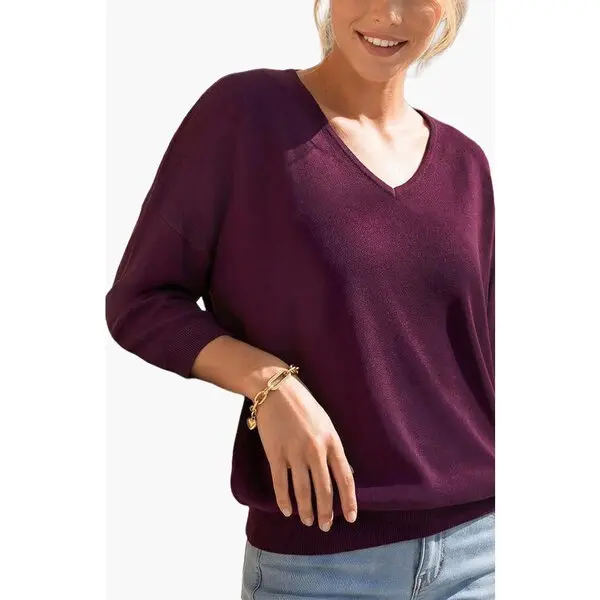 LASCANA Drop Shoulder V-neck Sweater - Wine