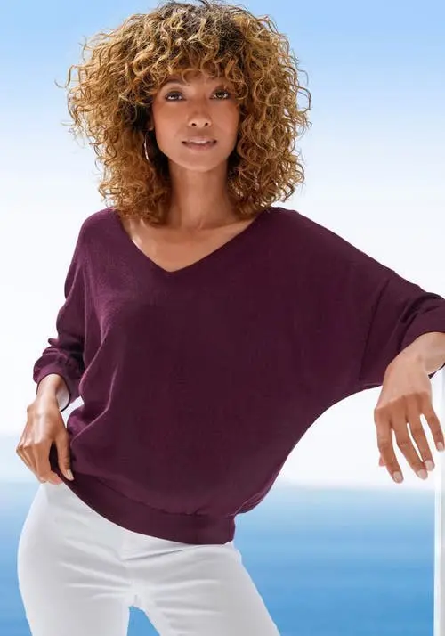 LASCANA Drop Shoulder V-neck Sweater - Wine