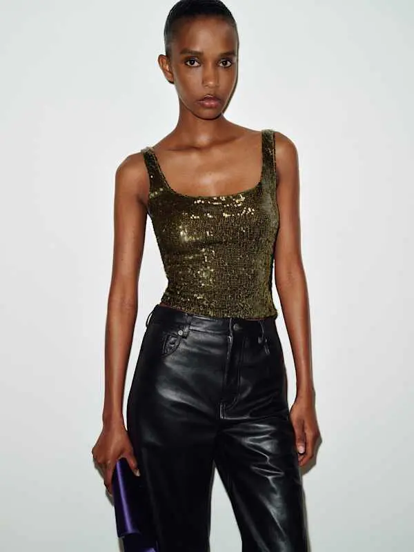 REFORMATION Carla Knit Top Dark Sequin - Green
