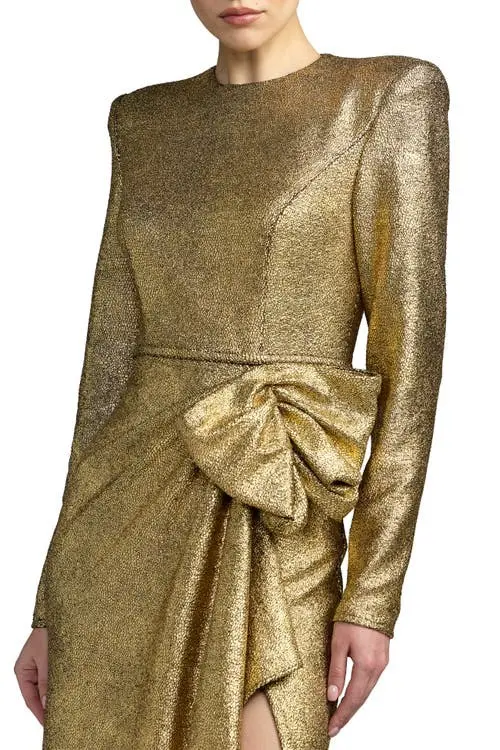 Mac Duggal Metallic Long Sleeve Structured Bow Draped Gown