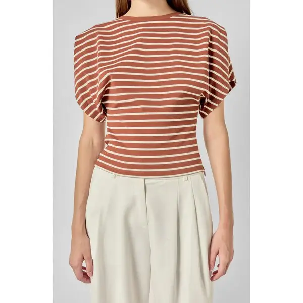 English Factory Striped Wing Sleeve Knit T-shirt - Brown/white