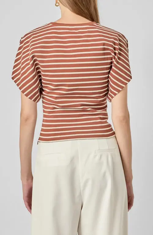 English Factory Striped Wing Sleeve Knit T-shirt - Brown/white