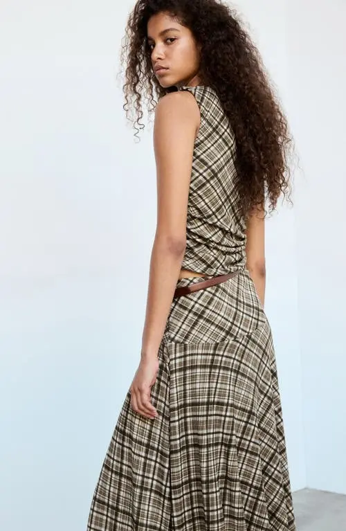 Mango Plaid Draped Sleeveless Top