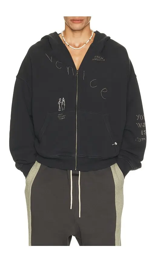 Palm Angels Surfer Dream Zipped Loose Hoodie In Black - Anthracite